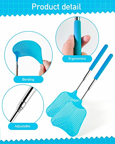 Wapodeai 2 Pack Fly Swatters Heavy Duty Set, Fly Swatter, Telescopic Fly Swatters, Stainless Steel Handle for Flyswatter. (Blue)