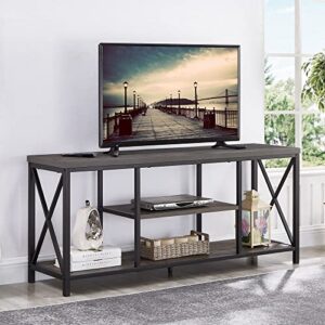 excefur 55 inch tv stand for tv up to 65 inch, rustic wood and metal media tv console table for living room, grey