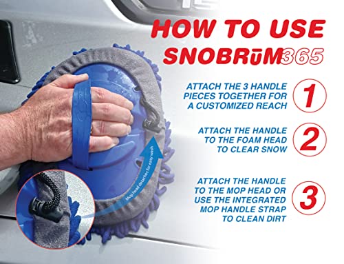 SNOBRUM 365 - Snow Remover for Cars and Trucks with Microfiber Mop Head for Cleaning - 2-in-1 Snow and Car Cleaning Brush for Year Round Use - 28 to 63 Inch Automotive Brush with Foam and Mop Head