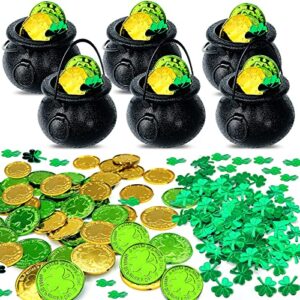 turnmeon st patricks day pot of gold, 6 candy cauldron kettles with 72 plastic shamrocks gold coins 138 clover confetti party decorations supplies for saint patricks day table home indoor decor