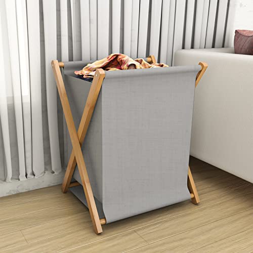 Bamboo Laundry Hamper Portable Folding Laundry Basket Organizer Collapsible Dirty Clothes Hamper with Grey Bag Lightweight for Easy Transportation