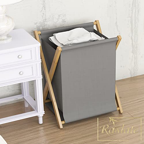 Bamboo Laundry Hamper Portable Folding Laundry Basket Organizer Collapsible Dirty Clothes Hamper with Grey Bag Lightweight for Easy Transportation