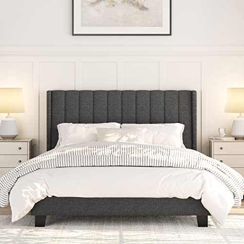 Yaheetech Queen Size Bed Frame, Upholstered Platform Bed with Wing Edge Channel Headboard, Square Tufted Fabric/Mattress Foundation/Wooden Slats Support/No Box Spring Needed/Easy Assembly/Dark Gray