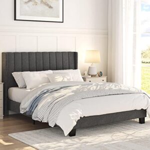 Yaheetech Queen Size Bed Frame, Upholstered Platform Bed with Wing Edge Channel Headboard, Square Tufted Fabric/Mattress Foundation/Wooden Slats Support/No Box Spring Needed/Easy Assembly/Dark Gray