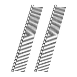 kopal dog comb 2 pack pet steel comb dogs and cats, stainless steel comb rounded teeth, static-free metal comb corrosion resistant cat comb pet dematting tool flea comb pet grooming tool - 7.4in