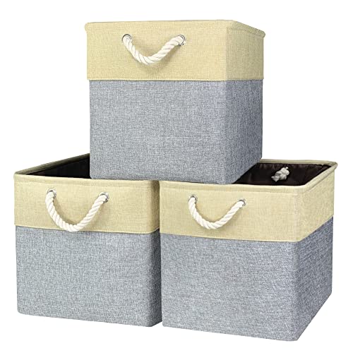 Cube Storage Organizer Bins 13x13 Fabric Storage Cube Bins for Shelves Toys Towel Books, Collapsible Storage Baskets with Cotton Handles for Closet, Clothes, Grey