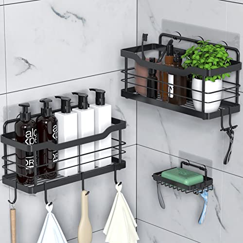 Carwiner Shower Shelf Deep Caddy 3-Pack Basket with 10 Hooks & Soap Dish Holder, SUS304 Stainless Steel Bathroom Caddy Organizer Rack Adhesive Shampoo Holder Wall Mounted No Drilling