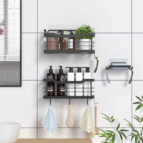 Carwiner Shower Shelf Deep Caddy 3-Pack Basket with 10 Hooks & Soap Dish Holder, SUS304 Stainless Steel Bathroom Caddy Organizer Rack Adhesive Shampoo Holder Wall Mounted No Drilling