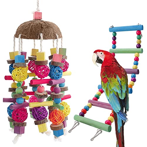 Panesor Large Bird Chewing Toys Natural Wooden Block Birds Parrot Toy with Colorful Climbing Ladder Parrots Cage Hanging Bite Tearing Toys for Parakeets Cockatiels Conures Big Medium Birds