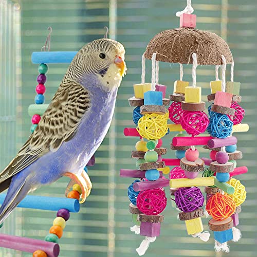 Panesor Large Bird Chewing Toys Natural Wooden Block Birds Parrot Toy with Colorful Climbing Ladder Parrots Cage Hanging Bite Tearing Toys for Parakeets Cockatiels Conures Big Medium Birds