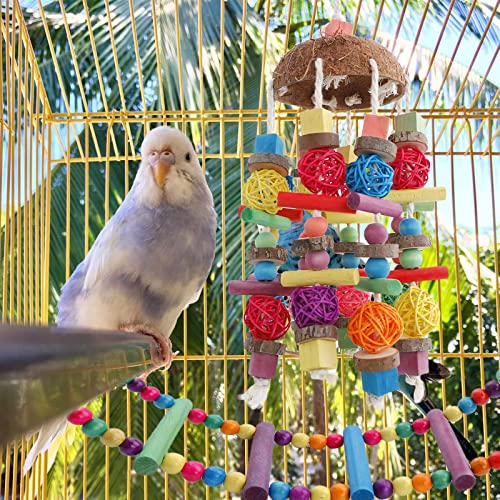 Panesor Large Bird Chewing Toys Natural Wooden Block Birds Parrot Toy with Colorful Climbing Ladder Parrots Cage Hanging Bite Tearing Toys for Parakeets Cockatiels Conures Big Medium Birds