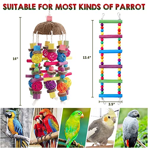 Panesor Large Bird Chewing Toys Natural Wooden Block Birds Parrot Toy with Colorful Climbing Ladder Parrots Cage Hanging Bite Tearing Toys for Parakeets Cockatiels Conures Big Medium Birds