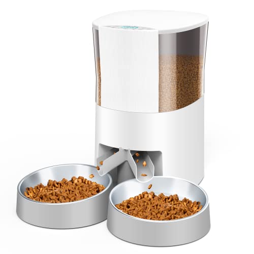 HoneyGuaridan Automatic Cat Feeder for 2 Cats&Dog, Pet Food Dispenser Timed Cat Feeder, Portion Control, Distribution Alarms and Voice Recorder 1-6 Meals per Day - 2 Stainless Steel Bowl