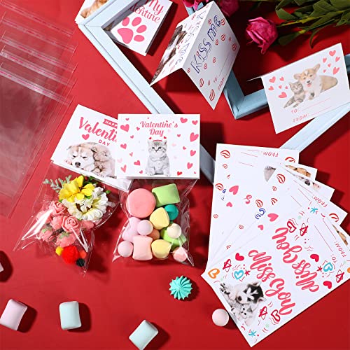 72 Pieces Valentine Candy Cello Bags Plastic Valentine Treat Bags Self Adhesive Cellophane Goodies Bags with 72 Pieces Bag Toppers Baking for Boy Girl Wedding Anniversary Party Supplies