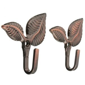 akoak pack of 2, metal leaf shape wall decoration hook, retro curtain door wall hat hook, can hang coat, scarf, bag, key (red bronze)