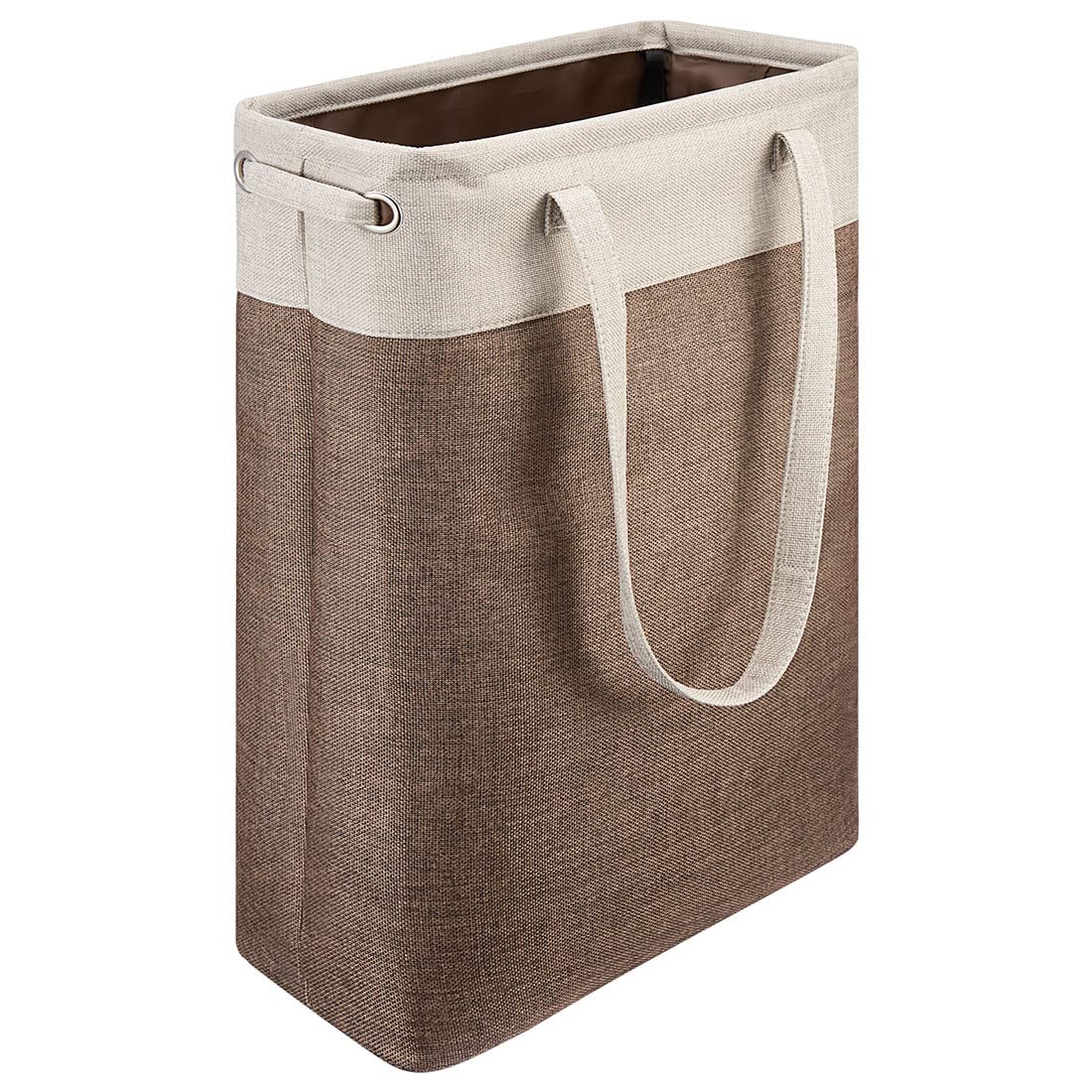 i BKGOO Laundry Basket with Handles Beige&Brown Slim Laundry Bin Collapsible Dirty Clothes Basket Narrow Laundry Bag Foldable Dirty Hamper for Camping, Dorms, Apartments