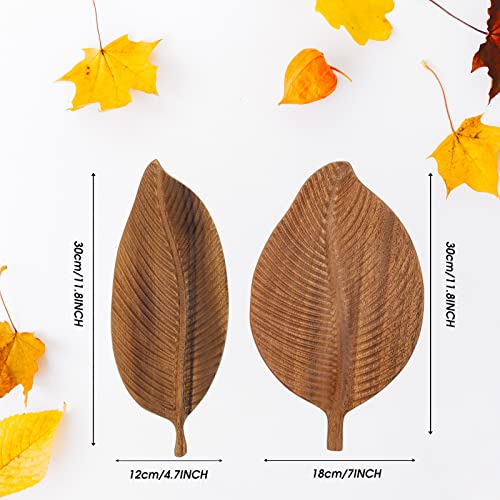 LAHONI Wooden Leaf Shaped Decorative Trays, Wood Serving Tray Rustic Storage Platter for Snacks, Dessert, Tea, Fruits, Breads, Food Display (4.7x11.8 Inch, Brown)