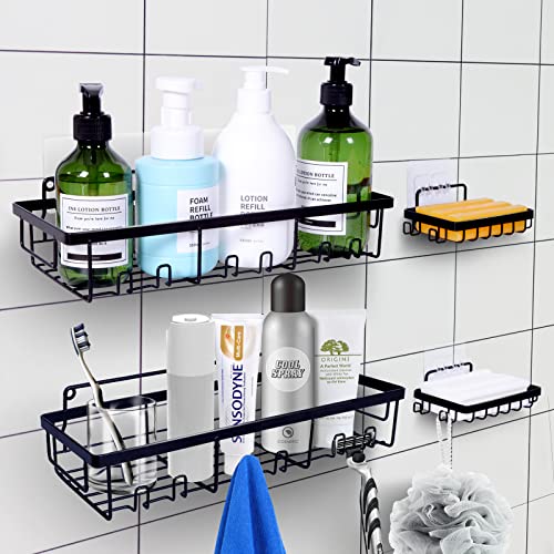 Shower Caddy Basket Shelf with Hooks, 2 Pack, No Drilling Traceless Adhesive Storage Organizer With Soap Dish Holder, 304 Stainless Steel, Wall Mounted Storage Shelf for Bathroom, Kitchen, Black