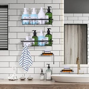 Shower Caddy Basket Shelf with Hooks, 2 Pack, No Drilling Traceless Adhesive Storage Organizer With Soap Dish Holder, 304 Stainless Steel, Wall Mounted Storage Shelf for Bathroom, Kitchen, Black