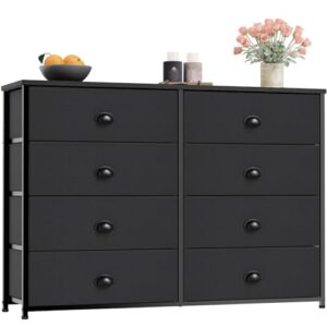 furnulem 8 drawer dresser wide 40'' long, storage chest of drawer for 50'' tv stand, closet, bedroom, nursery, fabric bins, wooden top living room rustic furniture (black)