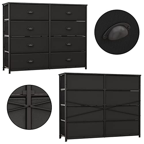 Furnulem 8 Drawer Dresser Wide 40'' Long, Storage Chest of Drawer for 50'' TV Stand, Closet, Bedroom, Nursery, Fabric Bins, Wooden Top Living Room Rustic Furniture (Black)