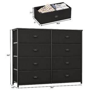 Furnulem 8 Drawer Dresser Wide 40'' Long, Storage Chest of Drawer for 50'' TV Stand, Closet, Bedroom, Nursery, Fabric Bins, Wooden Top Living Room Rustic Furniture (Black)