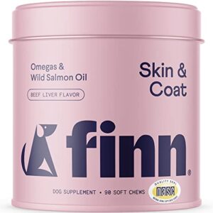 finn skin & coat salmon oil supplement for dogs | supports a thick & shiny coat | fish oil from wild alaskan salmon, omega-3s, epa & dha, biotin, & zinc | 90 soft chews