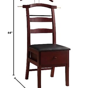 Proman Products Manchester Chair Valet VL36142 with Drawer, Hanger, Trouser Bar and Tie & Belt Bar, 18" W x 23" D x 44" H, Mahogany Finish