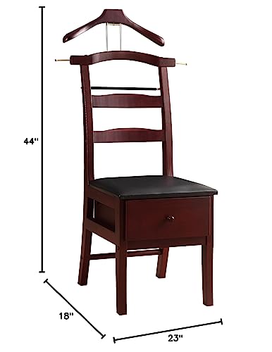 Proman Products Manchester Chair Valet VL36142 with Drawer, Hanger, Trouser Bar and Tie & Belt Bar, 18" W x 23" D x 44" H, Mahogany Finish