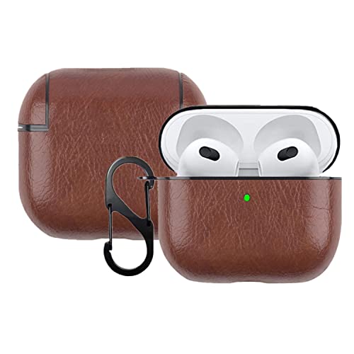 YQG 2021 Leather Case Compatible with AirPods 3rd Generation, Fully-Wrapped Portable Shockproof Leather Cover with Keychain Apple Airpods 3 Charging Case for Women Men [Front LED Visible] (Coffee)