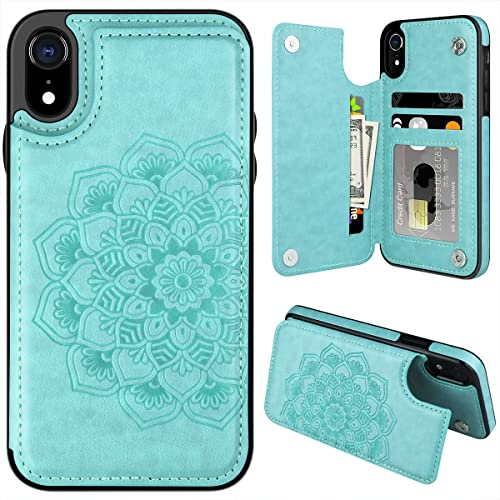 MMHUO for iPhone XR Case with Card Holder, Flower Magnetic Back Flip Case for iPhone XR Wallet Case for Women, Shockproof Protective Case Full Cover Phone Case for iPhone XR,Mint