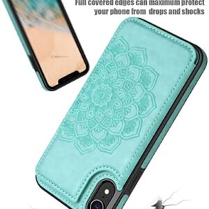 MMHUO for iPhone XR Case with Card Holder, Flower Magnetic Back Flip Case for iPhone XR Wallet Case for Women, Shockproof Protective Case Full Cover Phone Case for iPhone XR,Mint