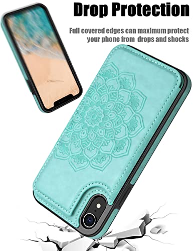 MMHUO for iPhone XR Case with Card Holder, Flower Magnetic Back Flip Case for iPhone XR Wallet Case for Women, Shockproof Protective Case Full Cover Phone Case for iPhone XR,Mint