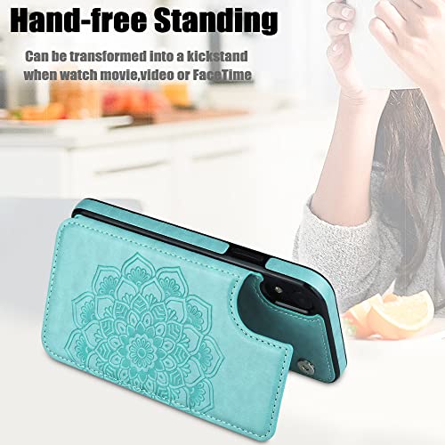 MMHUO for iPhone XR Case with Card Holder, Flower Magnetic Back Flip Case for iPhone XR Wallet Case for Women, Shockproof Protective Case Full Cover Phone Case for iPhone XR,Mint