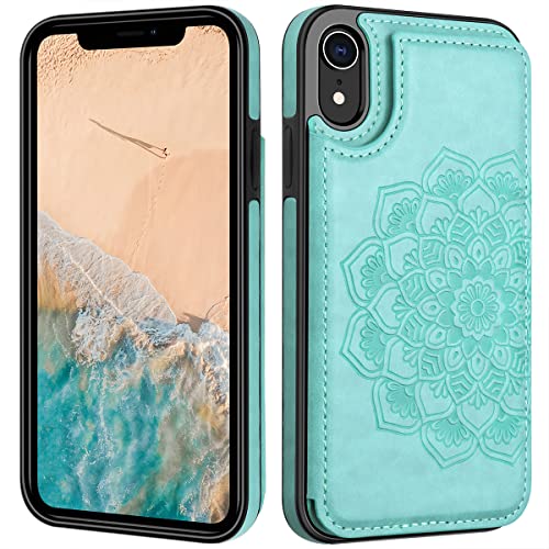 MMHUO for iPhone XR Case with Card Holder, Flower Magnetic Back Flip Case for iPhone XR Wallet Case for Women, Shockproof Protective Case Full Cover Phone Case for iPhone XR,Mint