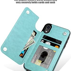 MMHUO for iPhone XR Case with Card Holder, Flower Magnetic Back Flip Case for iPhone XR Wallet Case for Women, Shockproof Protective Case Full Cover Phone Case for iPhone XR,Mint