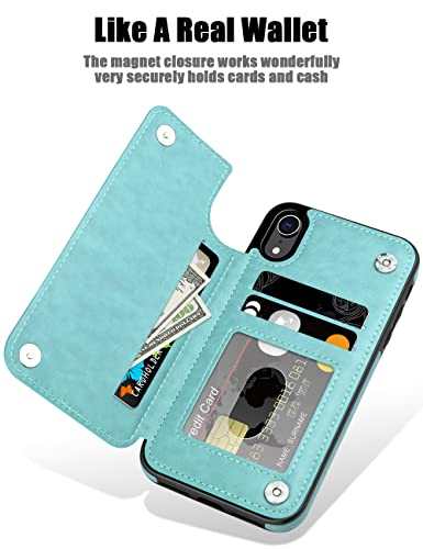 MMHUO for iPhone XR Case with Card Holder, Flower Magnetic Back Flip Case for iPhone XR Wallet Case for Women, Shockproof Protective Case Full Cover Phone Case for iPhone XR,Mint