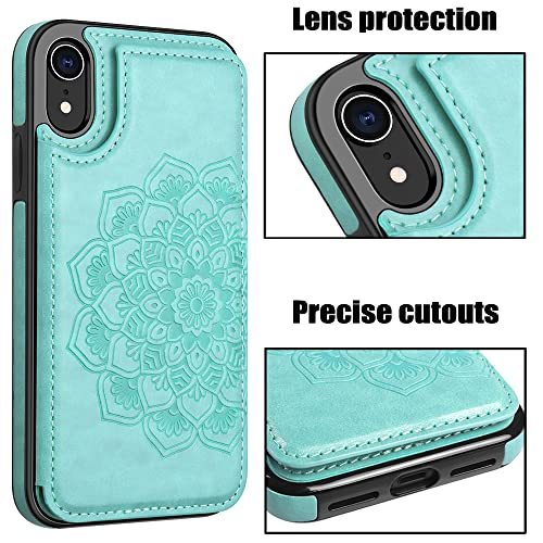 MMHUO for iPhone XR Case with Card Holder, Flower Magnetic Back Flip Case for iPhone XR Wallet Case for Women, Shockproof Protective Case Full Cover Phone Case for iPhone XR,Mint