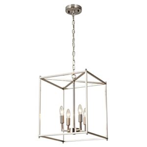 brushed nickel chandelier 4-light foyer chandelier, 12.6" lantern pendant light for dining room adjustable height square pendant light fixtures for kitchen island hallway living room bedroom