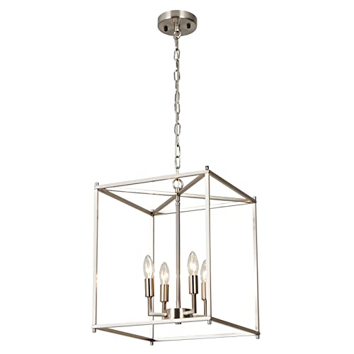 Brushed Nickel Chandelier 4-Light Foyer Chandelier, 12.6" Lantern Pendant Light for Dining Room Adjustable Height Square Pendant Light Fixtures for Kitchen Island Hallway Living Room Bedroom