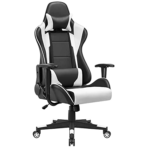 Shahoo Gaming Chair Racing Executive Ergonomic High Back Office Computer Height Adjustable Leather Swivel Seat with Headrest, Lumbar Support and Reclining Function, White