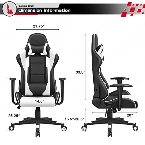 Shahoo Gaming Chair Racing Executive Ergonomic High Back Office Computer Height Adjustable Leather Swivel Seat with Headrest, Lumbar Support and Reclining Function, White