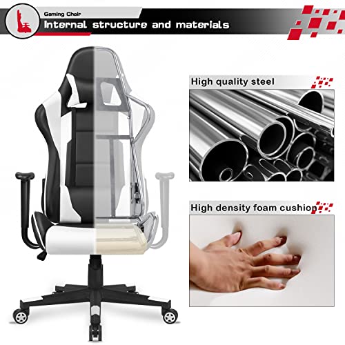 Shahoo Gaming Chair Racing Executive Ergonomic High Back Office Computer Height Adjustable Leather Swivel Seat with Headrest, Lumbar Support and Reclining Function, White