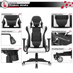 Shahoo Gaming Chair Racing Executive Ergonomic High Back Office Computer Height Adjustable Leather Swivel Seat with Headrest, Lumbar Support and Reclining Function, White