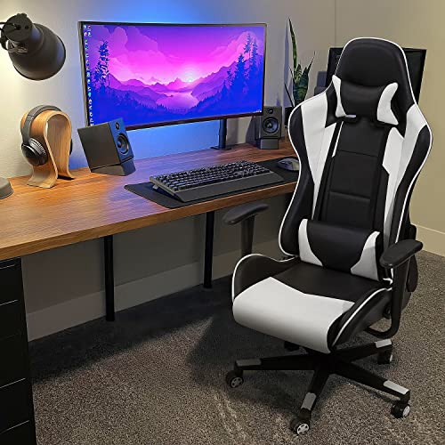 Shahoo Gaming Chair Racing Executive Ergonomic High Back Office Computer Height Adjustable Leather Swivel Seat with Headrest, Lumbar Support and Reclining Function, White