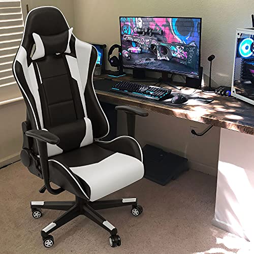 Shahoo Gaming Chair Racing Executive Ergonomic High Back Office Computer Height Adjustable Leather Swivel Seat with Headrest, Lumbar Support and Reclining Function, White