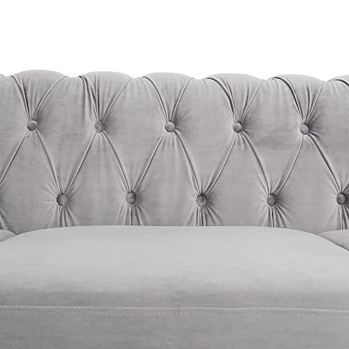 ONCIN Velvet Chesterfield Sofa, 84'' Modern Tufted 3 Seater Couch with Scroll Arms and Wood Legs for Living Room Bedroom (Gray), Grey Velvet, 84 In Chesterfield Sofa