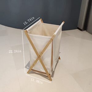 Bamboo Wood X-frame Laundry Hamper with Lid Collapsible Dirty Clothes Laundry Basket Foldable Storage for Household (Beige with Lid, Medium)