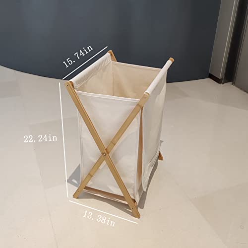 Bamboo Wood X-frame Laundry Hamper with Lid Collapsible Dirty Clothes Laundry Basket Foldable Storage for Household (Beige with Lid, Medium)