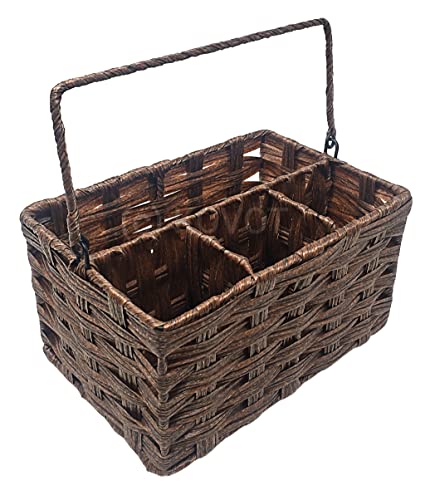 Kovot Poly-Wicker Woven Cutlery Storage Organizer Caddy Tote Bin Basket for Kitchen Table, Cabinet, Pantry, Indoor & Outdoor - Woven Polypropylene | Measures 9.5" x 6.5" x 5" (Dark Brown)